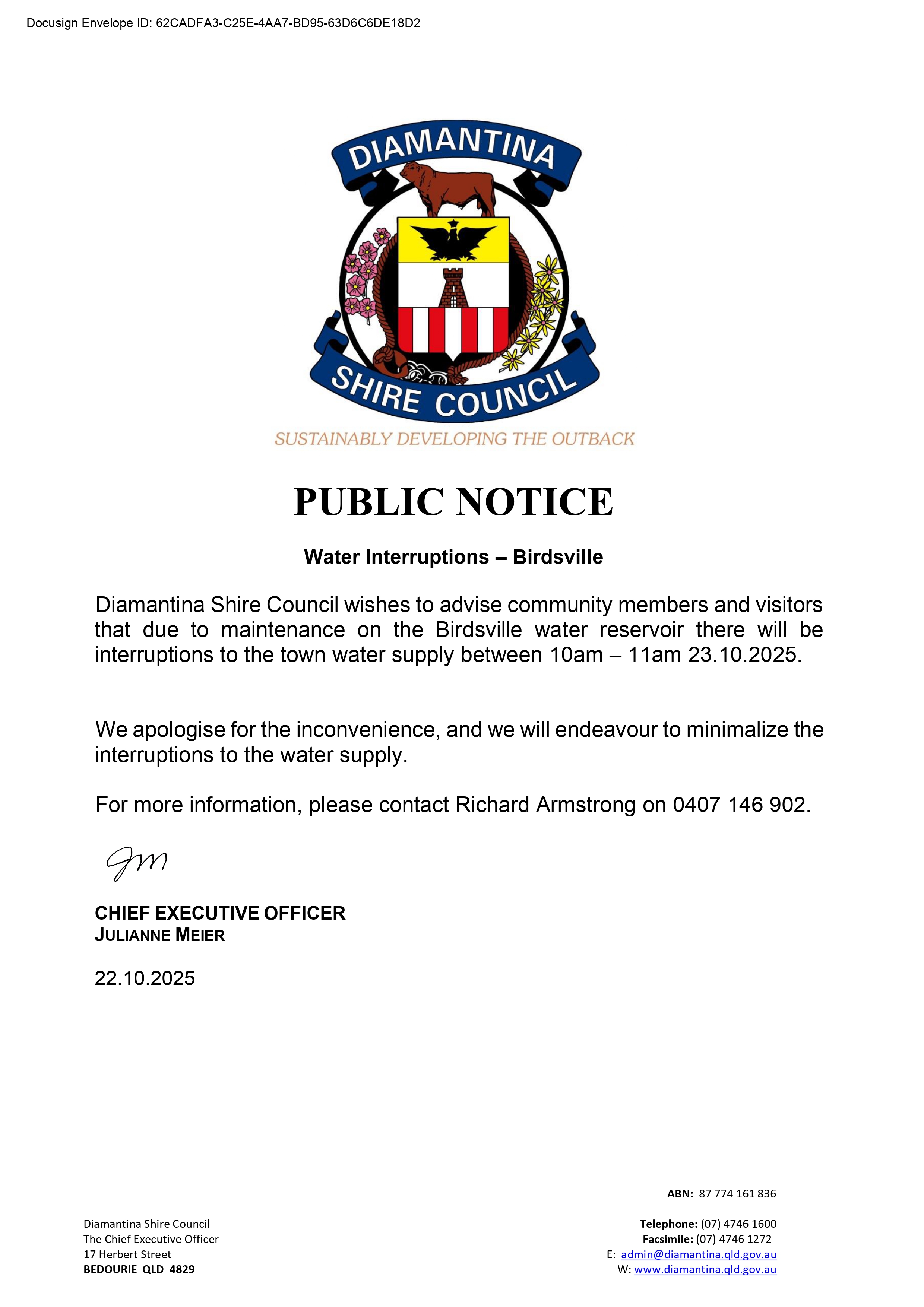 Water Supply Interruptions, Birdsville | Diamantina Shire Council